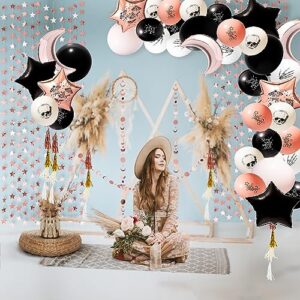 Boho White Black Rose Gold Balloon Garland Backdrop Kit for Halloween Party Decorations Boho Hanging Star Moon Skull Butterfly Decor for Birthday Baby Bridal Shower Costum Cosplay Party Supplies