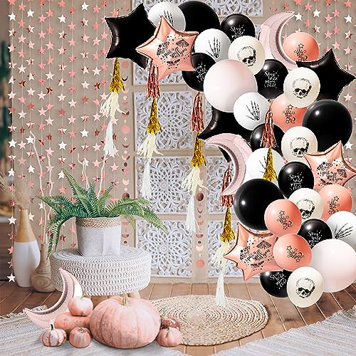 Boho White Black Rose Gold Balloon Garland Backdrop Kit for Halloween Party Decorations Boho Hanging Star Moon Skull Butterfly Decor for Birthday Baby Bridal Shower Costum Cosplay Party Supplies