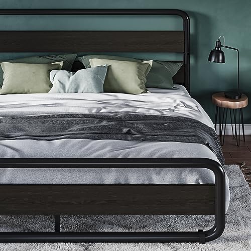 Allewie Queen Size Metal Bed Frame with Curved Wood Headboard and Footboard, Heavy Duty Platform Iron Bed with Under-Bed Storage, Noise Free, No Box Spring Needed, Easy Assembly, Black