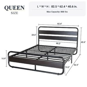 Allewie Queen Size Metal Bed Frame with Curved Wood Headboard and Footboard, Heavy Duty Platform Iron Bed with Under-Bed Storage, Noise Free, No Box Spring Needed, Easy Assembly, Black