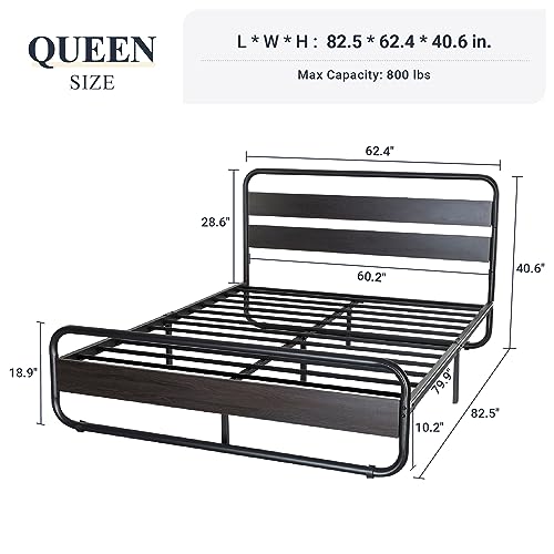 Allewie Queen Size Metal Bed Frame with Curved Wood Headboard and Footboard, Heavy Duty Platform Iron Bed with Under-Bed Storage, Noise Free, No Box Spring Needed, Easy Assembly, Black