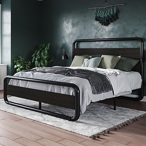 Allewie Queen Size Metal Bed Frame with Curved Wood Headboard and Footboard, Heavy Duty Platform Iron Bed with Under-Bed Storage, Noise Free, No Box Spring Needed, Easy Assembly, Black