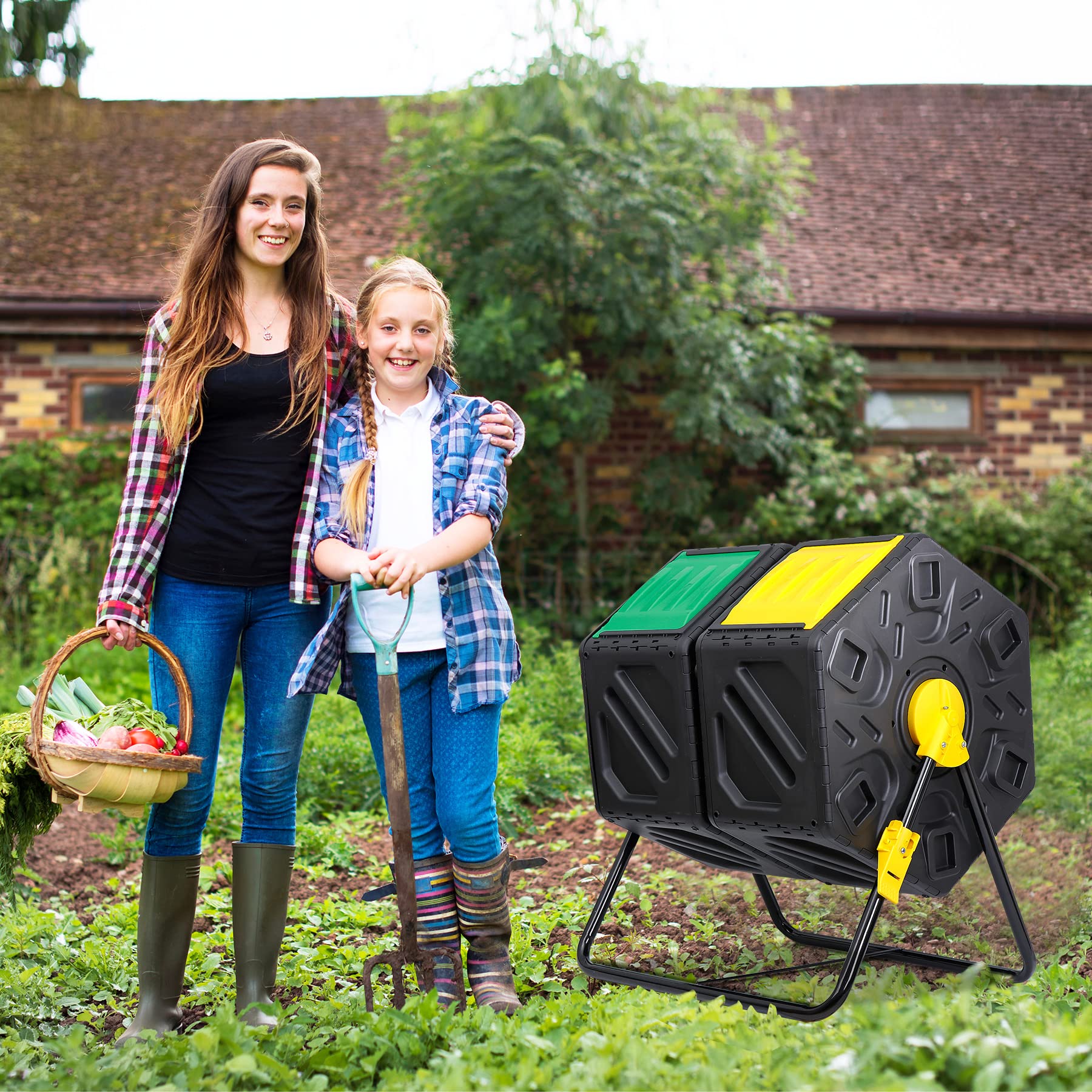 BBBuy Compost Bin Tumbling Composter Rotating w/ 2 Sliding Doors Compost Bin, Dual Chamber All Season Heavy Duty Outdoor Gardening Composting Tumblers Garden Yard (37 Gallon, Black)