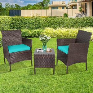 hklgorg 3 piece patio set outdoor patio furniture set, wicker patio set, outdoor bistro set with cushions and glass top coffee table, patio conversation set for garden balcony backyard poolside, blue