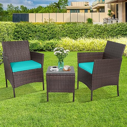 HKLGorg 3 Piece Patio Set Outdoor Patio Furniture Set, Wicker Patio Set, Outdoor Bistro Set with Cushions and Glass Top Coffee Table, Patio Conversation Set for Garden Balcony Backyard Poolside, Blue