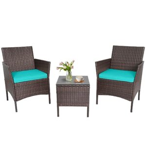 HKLGorg 3 Piece Patio Set Outdoor Patio Furniture Set, Wicker Patio Set, Outdoor Bistro Set with Cushions and Glass Top Coffee Table, Patio Conversation Set for Garden Balcony Backyard Poolside, Blue