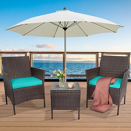 HKLGorg 3 Piece Patio Set Outdoor Patio Furniture Set, Wicker Patio Set, Outdoor Bistro Set with Cushions and Glass Top Coffee Table, Patio Conversation Set for Garden Balcony Backyard Poolside, Blue