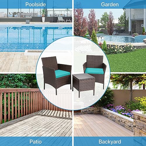 HKLGorg 3 Piece Patio Set Outdoor Patio Furniture Set, Wicker Patio Set, Outdoor Bistro Set with Cushions and Glass Top Coffee Table, Patio Conversation Set for Garden Balcony Backyard Poolside, Blue