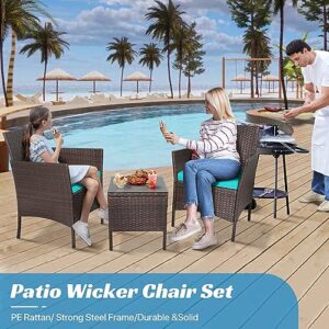 HKLGorg 3 Piece Patio Set Outdoor Patio Furniture Set, Wicker Patio Set, Outdoor Bistro Set with Cushions and Glass Top Coffee Table, Patio Conversation Set for Garden Balcony Backyard Poolside, Blue