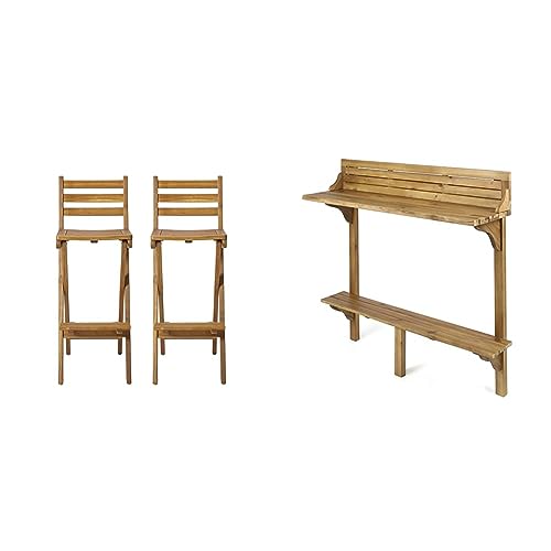 Christopher Knight Home Tundra Outdoor Foldable Wood Barstool Set, 2-Pcs Set, Natural & Caribbean Outdoor Acacia Wood Balcony Bar Table, Natural Stained