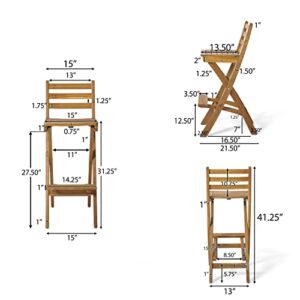 Christopher Knight Home Tundra Outdoor Foldable Wood Barstool Set, 2-Pcs Set, Natural & Caribbean Outdoor Acacia Wood Balcony Bar Table, Natural Stained