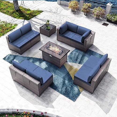 Kullavik 10 Pieces Outdoor Patio Furniture Set with 43" Gas Propane Fire Pit Table PE Wicker Rattan Sectional Sofa Patio Conversation Sets,Navy Blue