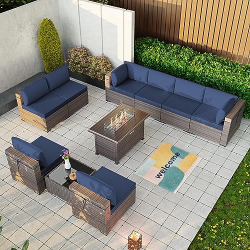 Kullavik 10 Pieces Outdoor Patio Furniture Set with 43" Gas Propane Fire Pit Table PE Wicker Rattan Sectional Sofa Patio Conversation Sets,Navy Blue