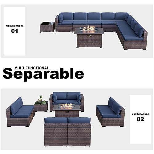 Kullavik 10 Pieces Outdoor Patio Furniture Set with 43" Gas Propane Fire Pit Table PE Wicker Rattan Sectional Sofa Patio Conversation Sets,Navy Blue