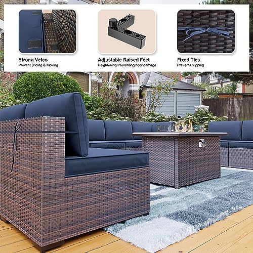 Kullavik 10 Pieces Outdoor Patio Furniture Set with 43" Gas Propane Fire Pit Table PE Wicker Rattan Sectional Sofa Patio Conversation Sets,Navy Blue