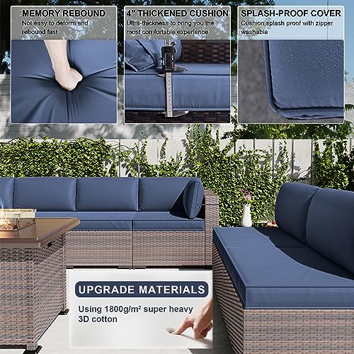 Kullavik 10 Pieces Outdoor Patio Furniture Set with 43" Gas Propane Fire Pit Table PE Wicker Rattan Sectional Sofa Patio Conversation Sets,Navy Blue