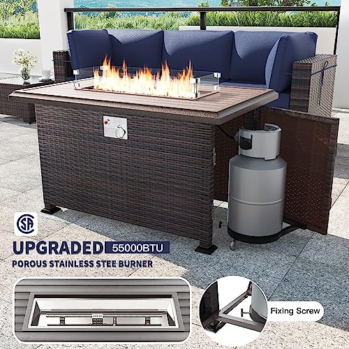 Kullavik 10 Pieces Outdoor Patio Furniture Set with 43" Gas Propane Fire Pit Table PE Wicker Rattan Sectional Sofa Patio Conversation Sets,Navy Blue