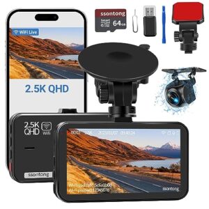 dash cam front and rear, dash camera for cars wifi/app control dashcam w/ 64g sd card, 2.5k dash cam front + 1080p rear car camera w/super night vision, loop recording, g-sensor, max support 256gb