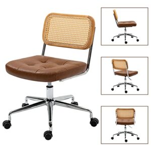 Newnno Office Chair Armless Leather Desk Chair with Wheels, Modern Rattan Ergonomic Computer Home Office Chair for Study, Adjustable Swivel Rolling Chair for Home Office, Brown