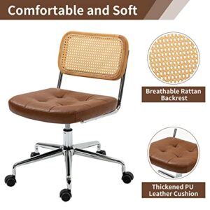 Newnno Office Chair Armless Leather Desk Chair with Wheels, Modern Rattan Ergonomic Computer Home Office Chair for Study, Adjustable Swivel Rolling Chair for Home Office, Brown