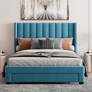 Queen Size Velvet Upholstered Platform Bed Frame with Storage Drawer and Tufted Headboard for Boys Girls Teens Adults, No Box Spring Needed, Easy Assembly (Blue, Queen)