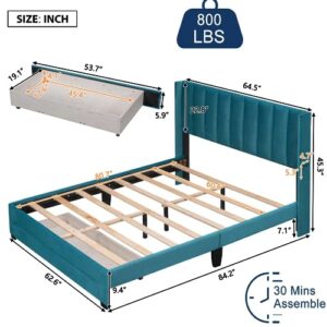 Queen Size Velvet Upholstered Platform Bed Frame with Storage Drawer and Tufted Headboard for Boys Girls Teens Adults, No Box Spring Needed, Easy Assembly (Blue, Queen)