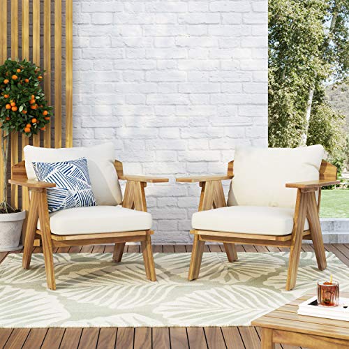 Christopher Knight Home Arcola Outdoor Acacia Wood Club Chairs with Cushions (Set 2), Teak Finish, Beige & Cole Queen-Size Frame Geometric Details Modern Contemporary Flat Black,306657