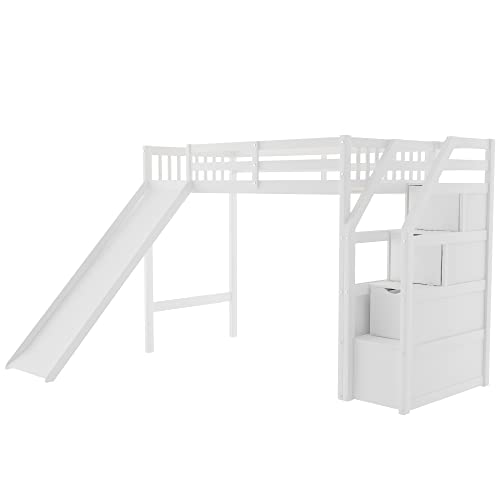 TARTOP Twin Size Loft Bed with Slide and Storage Stairs, Wood Loft Bed Frame with 3 Step Staircase Storage & Safety Rails for Kids Boys Girls Teens, White