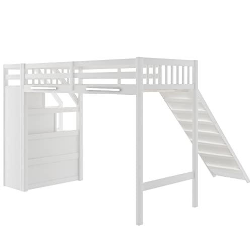 TARTOP Twin Size Loft Bed with Slide and Storage Stairs, Wood Loft Bed Frame with 3 Step Staircase Storage & Safety Rails for Kids Boys Girls Teens, White