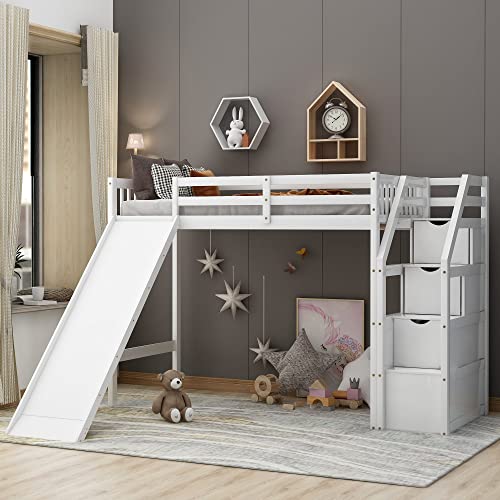 TARTOP Twin Size Loft Bed with Slide and Storage Stairs, Wood Loft Bed Frame with 3 Step Staircase Storage & Safety Rails for Kids Boys Girls Teens, White