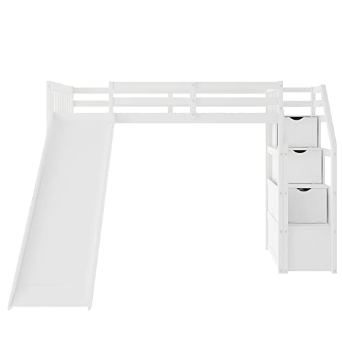 TARTOP Twin Size Loft Bed with Slide and Storage Stairs, Wood Loft Bed Frame with 3 Step Staircase Storage & Safety Rails for Kids Boys Girls Teens, White