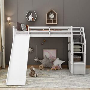 TARTOP Twin Size Loft Bed with Slide and Storage Stairs, Wood Loft Bed Frame with 3 Step Staircase Storage & Safety Rails for Kids Boys Girls Teens, White