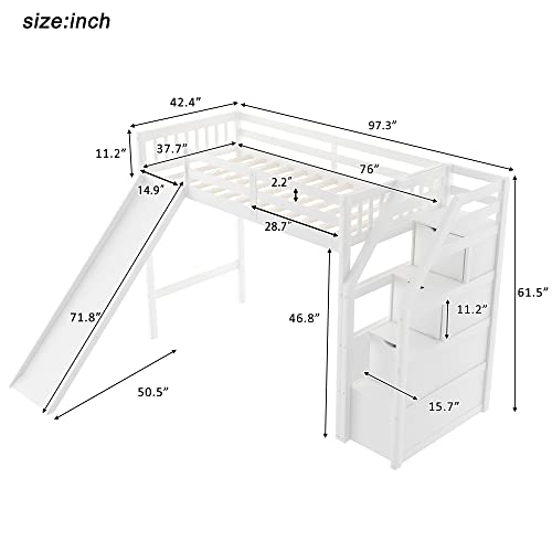 TARTOP Twin Size Loft Bed with Slide and Storage Stairs, Wood Loft Bed Frame with 3 Step Staircase Storage & Safety Rails for Kids Boys Girls Teens, White