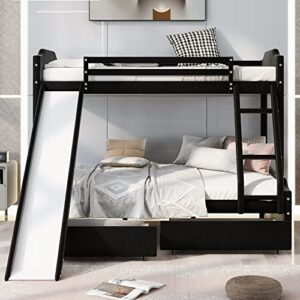 TARTOP Twin Over Full Upholstered Bunk Bed with Slide and Storage, Solid Wood Bunk Bed Frame with Two Drawers, Convertible Slide and Ladder, Headboard and Footboard, for Kids Teens Adults,Black