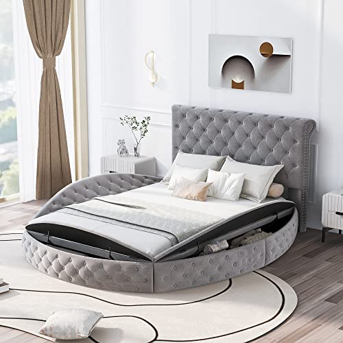 TARTOP Queen Size Round Shape Upholstery Low Profile Storage Platform Bed with Storage Space on Both Sides and Footboard,for Girls,Boys,Teens, Easy to Assemble,Gray