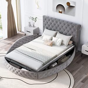 TARTOP Queen Size Round Shape Upholstery Low Profile Storage Platform Bed with Storage Space on Both Sides and Footboard,for Girls,Boys,Teens, Easy to Assemble,Gray