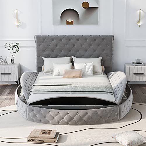 TARTOP Queen Size Round Shape Upholstery Low Profile Storage Platform Bed with Storage Space on Both Sides and Footboard,for Girls,Boys,Teens, Easy to Assemble,Gray