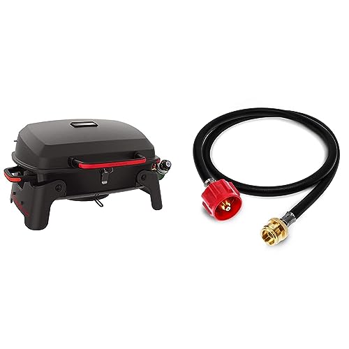 Megamaster 820-0065C 1 Burner Portable Gas Grill for Camping, Outdoor Cooking, Outdoor Kitchen, Patio, Garden, Barbecue with Two Foldable legs, Red + Black & Gas One 4 ft Propane Hose 1lb to 20lb