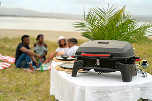 Megamaster 820-0065C 1 Burner Portable Gas Grill for Camping, Outdoor Cooking, Outdoor Kitchen, Patio, Garden, Barbecue with Two Foldable legs, Red + Black & Gas One 4 ft Propane Hose 1lb to 20lb