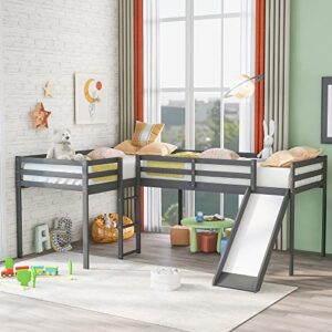 tartop twin loft bed for kids, l-shape loft beds with slide, low loft bed frame corner bunk bed for kids, wooden loft bed for girls boys teens,gray