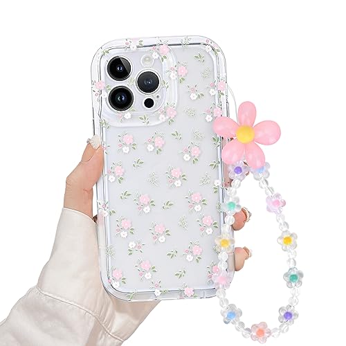 Newseego for iPhone 14 Pro Max Case, Cute Colorful Flower Clear Case with Lovely Flower Bracelet Chain for Women Girls Soft TPU Bumper Shockproof Protective Case Cover for iPhone 14 Pro Max-Pink White