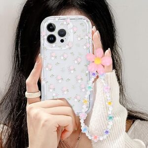 Newseego for iPhone 14 Pro Max Case, Cute Colorful Flower Clear Case with Lovely Flower Bracelet Chain for Women Girls Soft TPU Bumper Shockproof Protective Case Cover for iPhone 14 Pro Max-Pink White