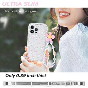 Newseego for iPhone 14 Pro Max Case, Cute Colorful Flower Clear Case with Lovely Flower Bracelet Chain for Women Girls Soft TPU Bumper Shockproof Protective Case Cover for iPhone 14 Pro Max-Pink White