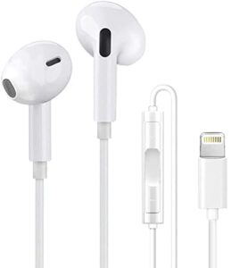 apple earbuds headphones - in-ear noise cancelling wired earbuds with lightning connector - [apple mfi certified] - compatible with iphone 14/13/12/11/xr/xs/8/7 - built-in microphone & volume control