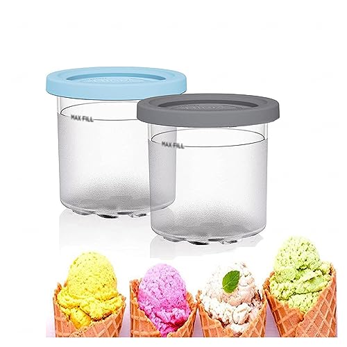 EVANEM 2/4/6PCS Creami Containers, for Ninja Creami Deluxe Containers,16 OZ Ice Cream Pints Cup Safe and Leak Proof for NC301 NC300 NC299AM Series Ice Cream Maker,Gray+Blue-2PCS