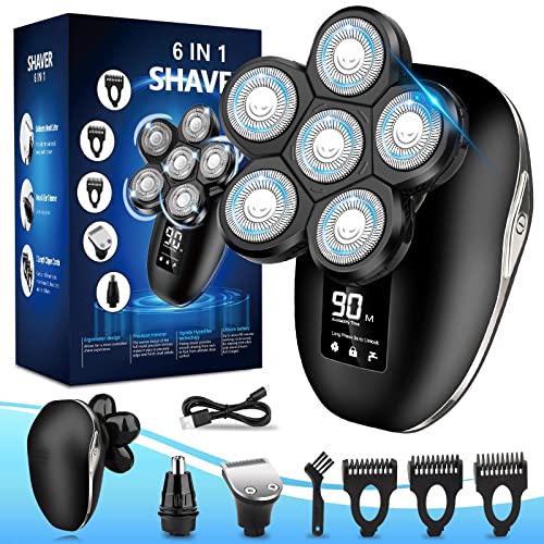 Head Shaver for Bald Men,6-in-1 Electric Shaver for Bald Head 6D Wet/Dry Waterproof Mens Electric Razor Skull Head Shavers Mens Grooming Kit Cordless Rechargeable Face Head Shaving Rotary Shaver