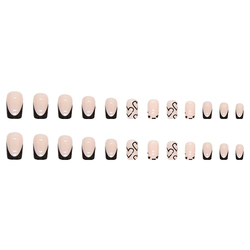 Press on Nails Medium Square Fake Nails French Tip False Nails with Designs Black Heart Pink Acrylic Full Cover Stick on Nails Nude Glossy Glue on Nails Reusable Nude Artificial Nails for Women Girls 24pcs