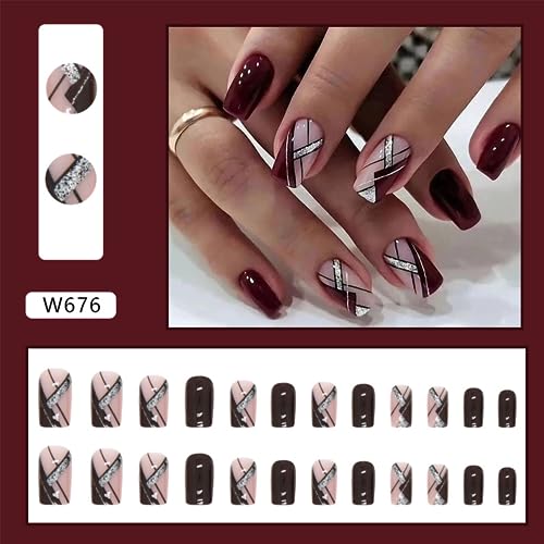 Press on Nails Medium Square Fake Nails French Tip False Nails with Designs Black Heart Pink Acrylic Full Cover Stick on Nails Nude Glossy Glue on Nails Reusable Nude Artificial Nails for Women Girls 24pcs