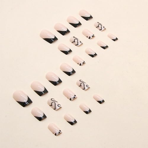 Press on Nails Medium Square Fake Nails French Tip False Nails with Designs Black Heart Pink Acrylic Full Cover Stick on Nails Nude Glossy Glue on Nails Reusable Nude Artificial Nails for Women Girls 24pcs