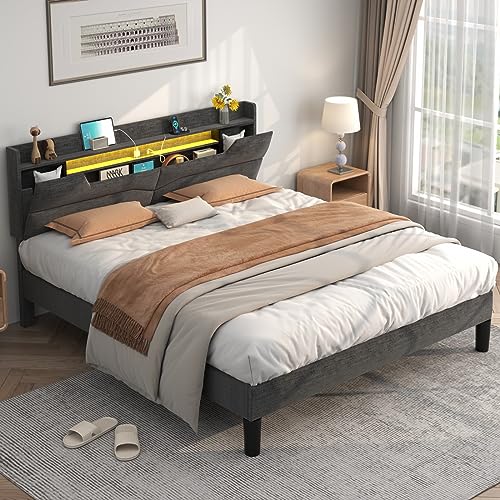 Gyfimoie Upholstered Queen Bed Frame with Adjustable Storage Headboard, Bed Frame Queen Size with Charging Station & LED RGB Light, Platform Bed Frame Wood Slates Support, No Spring Box Needed